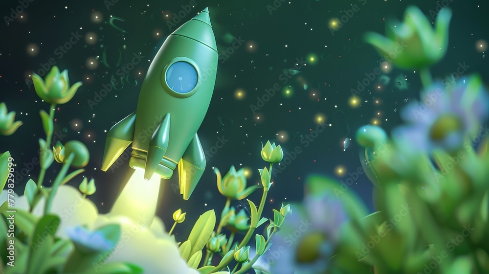 Acid Green Space Rocket flying into Space, Plants coming out of the ...