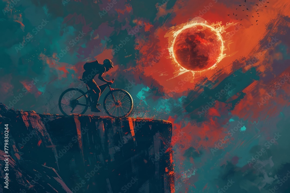 A bicyclist navigating along the edge of a canyon under a celestial ... A bicyclist navigating along the edge of a canyon under a celestial ...