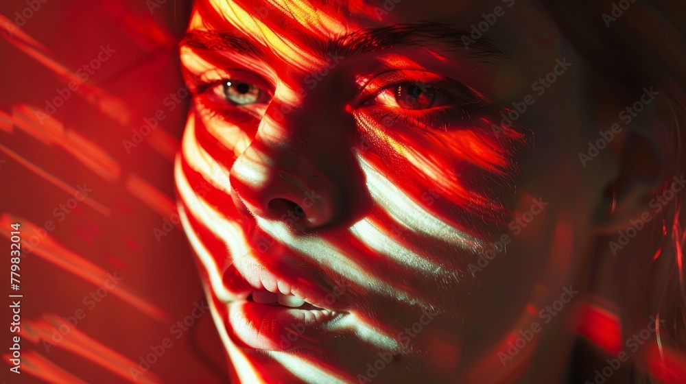 A woman's face is reflected in a red light, creating a striking and ...