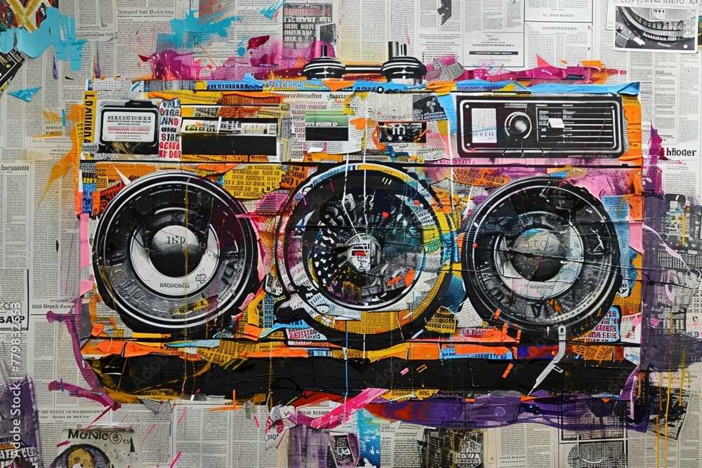 A vibrant street art explosion featuring a ghettoblaster rendered in a ...