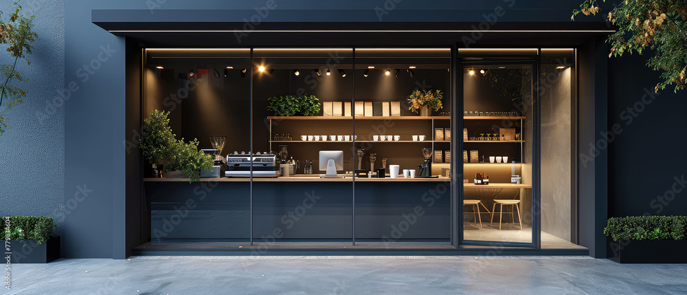 Coffee shop, cafe store, bar or restaurant with counter, glass windows ...