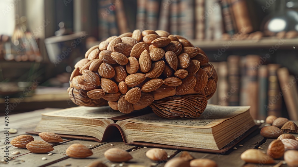 An almond-crafted brain sits atop books in a library, symbolizing the ...