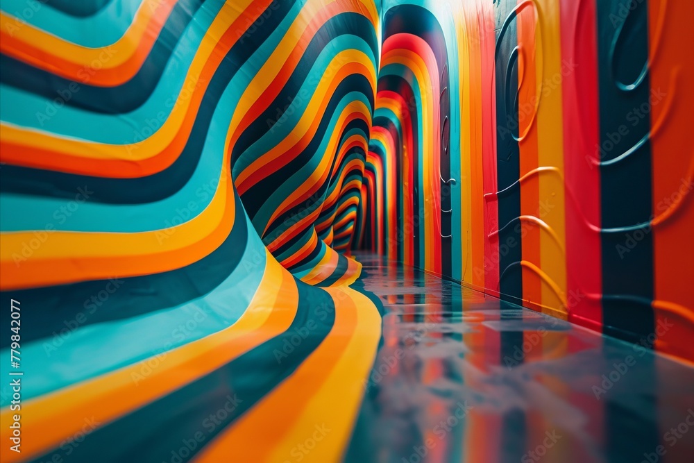 A captivating abstract mural with intertwined lines in vivid colors ...