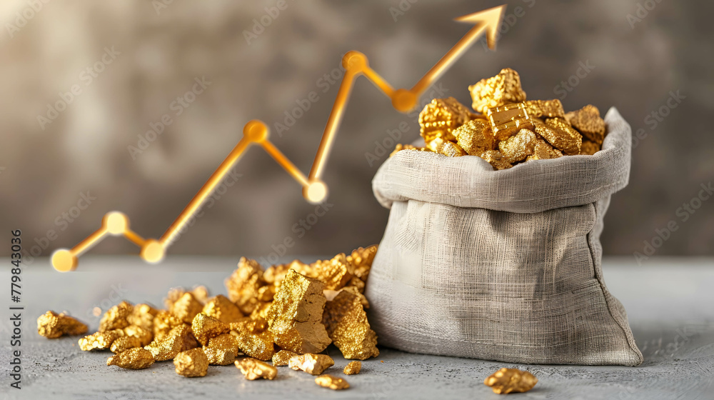 Overturned sack of gold nuggets on grey table and arrow up showing gold ...