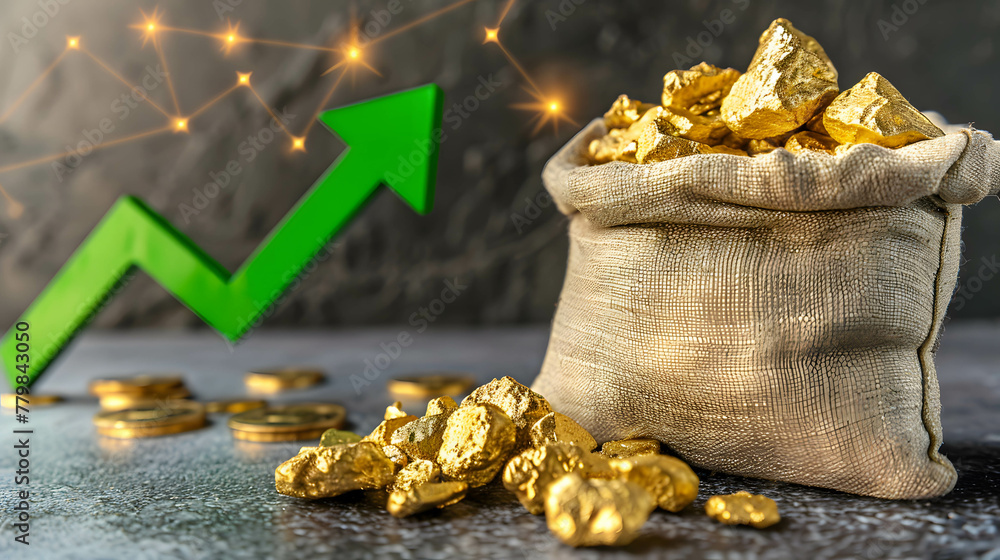 Overturned sack of gold nuggets on grey table and arrow up showing gold ...
