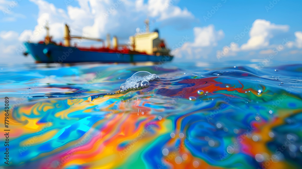 Oil floating on the surface of the ocean, water pollution and chemicals ...