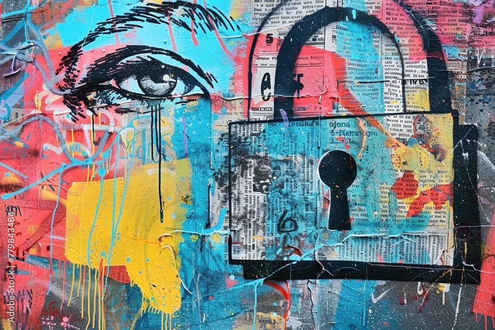 A highly detailed graffiti artwork depicting a padlock formed from ...