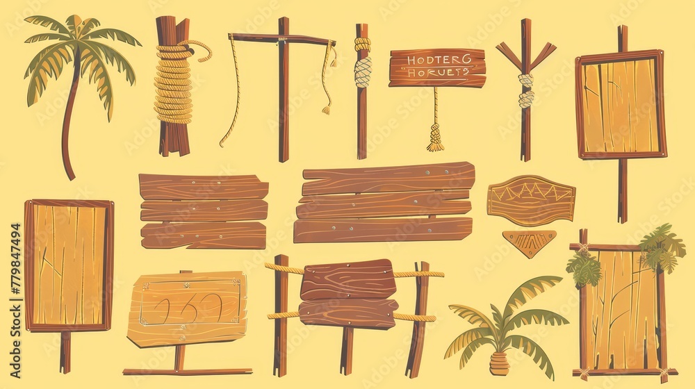 Modern set of wooden bamboo sign board frame game interface. White ...