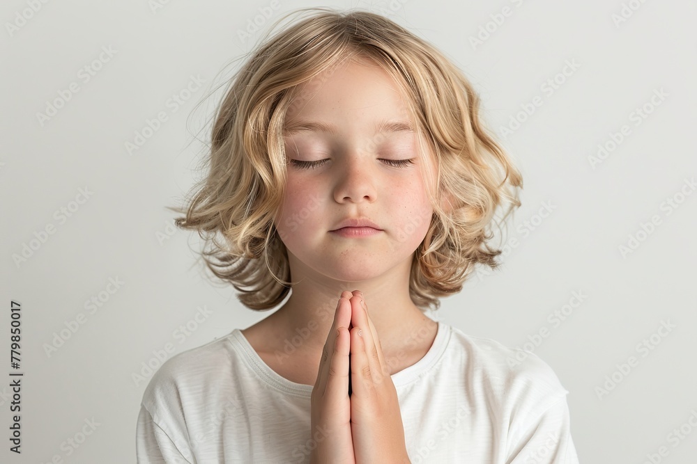 Cute little boy praying on white bright solid background. Portrait ...
