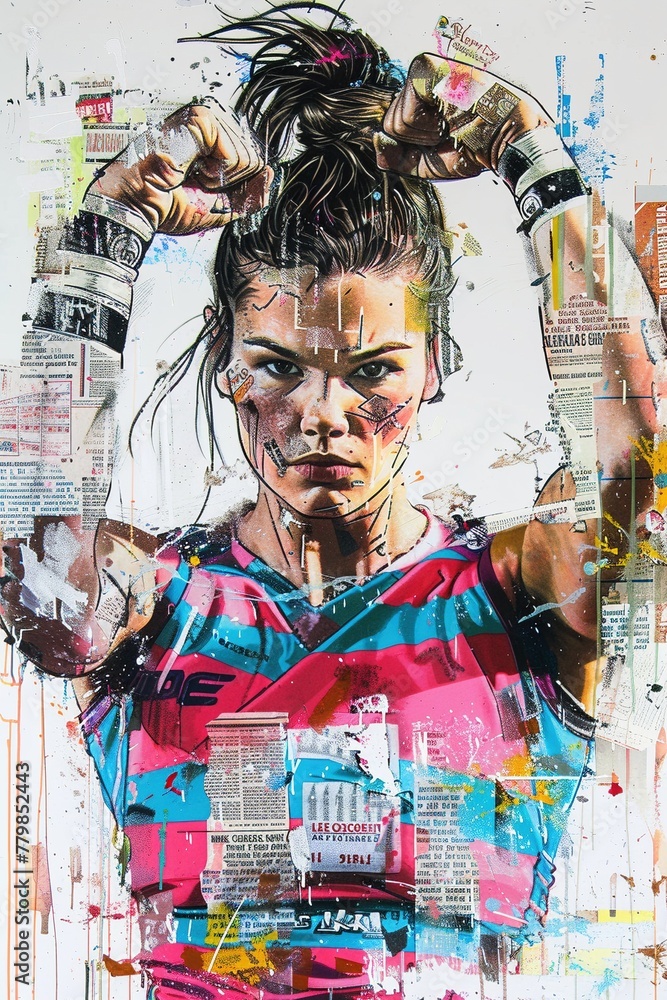graffiti portrait of a determined female rugby player. Clad in a pink ...