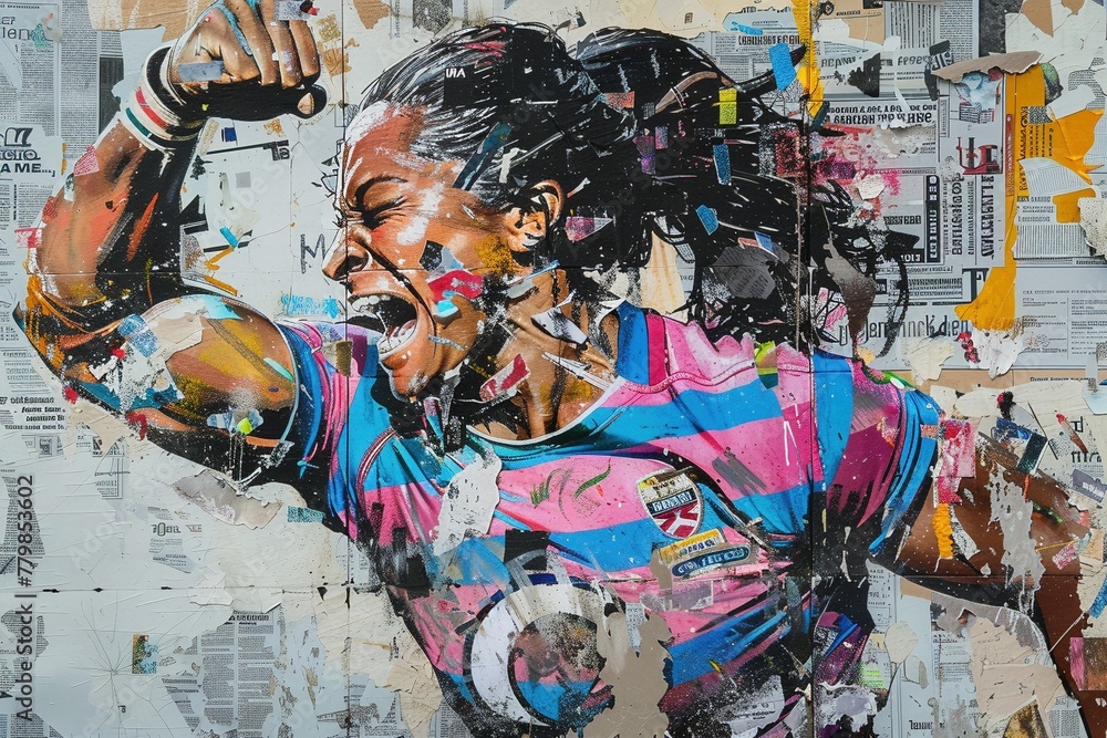 graffiti portrait of a determined female rugby player. Clad in a pink ...