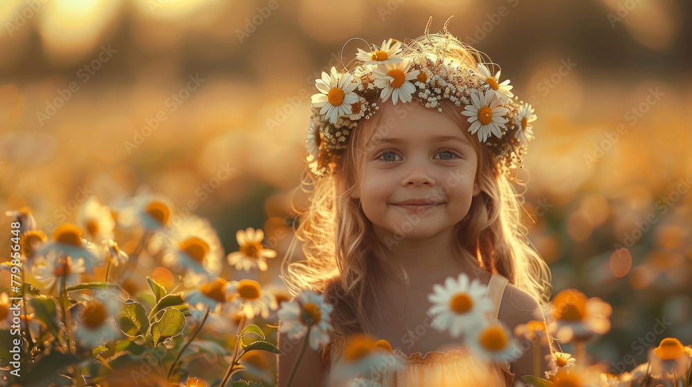 bambina felice che indossa una corona di margherite e sorride in un ...
