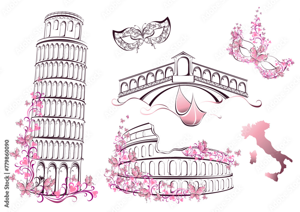 Travel to Italy, famous landmarks design elements. Vector illustration ...