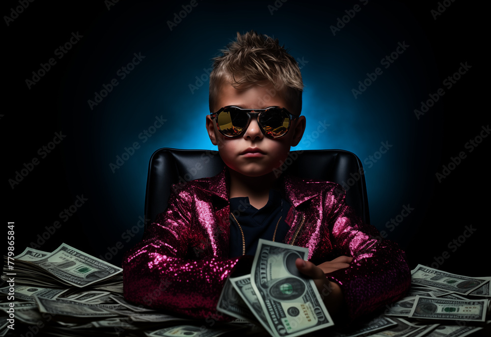 cool young boy in shiny jacket holding cash, posing as a young ...