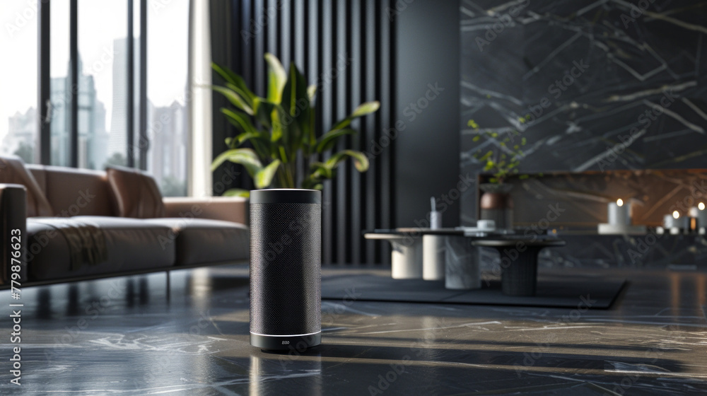 A modern and minimalist black and silver smart air purifier with HEPA ...