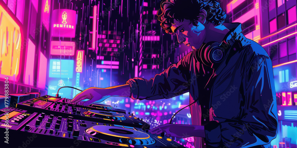 young male DJ at the mixing console, nightclub in the background, boy ...