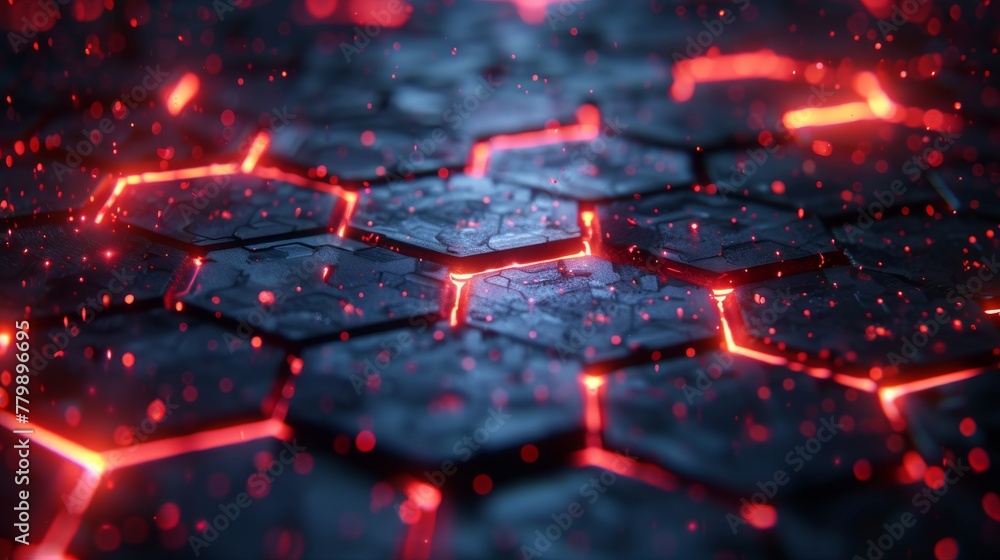 Abstract black and red polygon with red glow lines on dark steel mesh ...