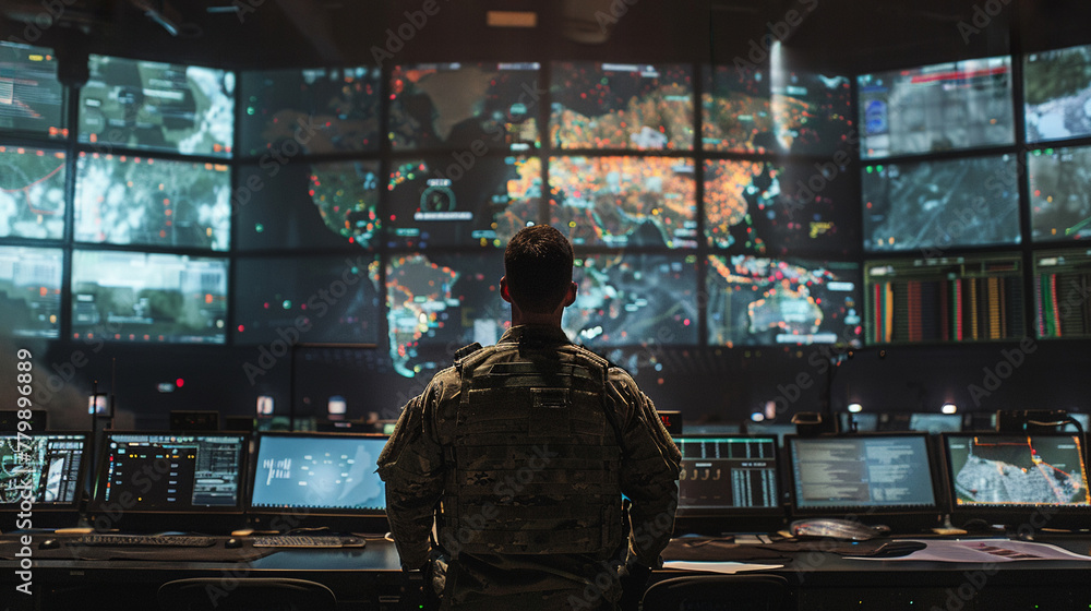 A panoramic view of a state of the art war room a soldier at the center ...