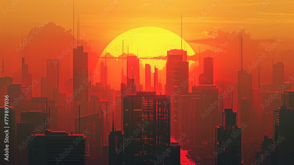 Stylized city under a big bold flat colored sun setting behind casting ...