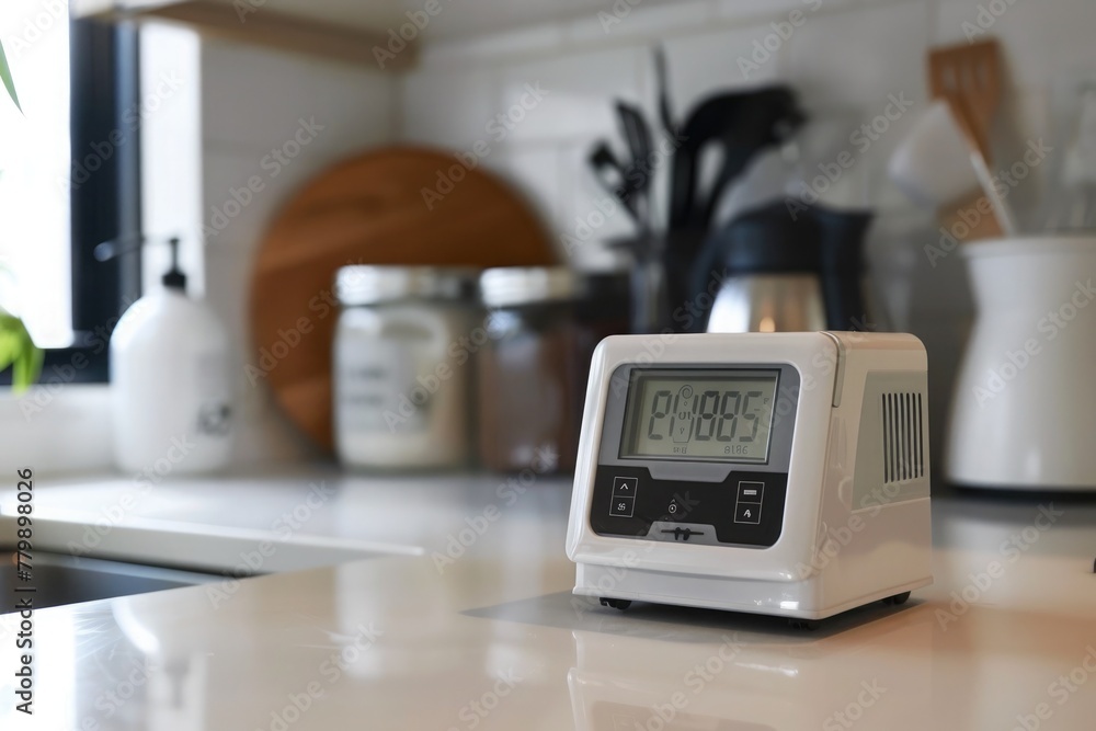 An electric timer, its digital screen counting down, positioned on a ...