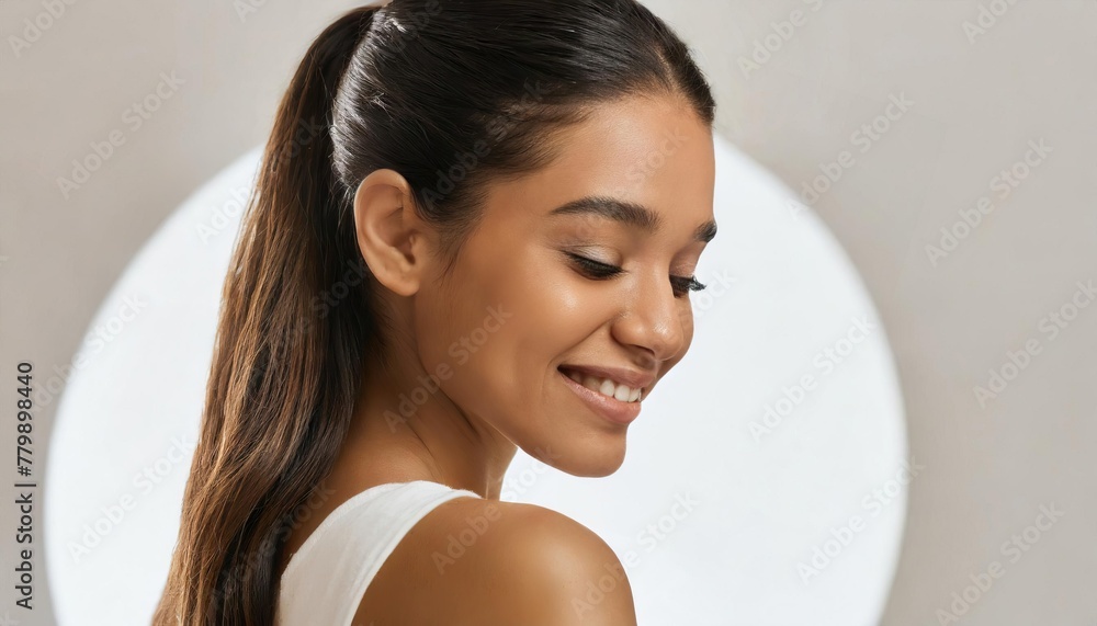 Back view of attractive woman, looking down and smiling, skincare ...