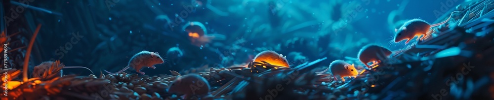 Neon mice scurrying around a grain silo, their tiny bodies illuminating ...