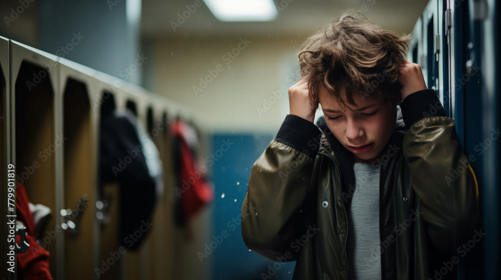 Upset Teen Boy Struggling with Anxiety by School Lockers. Bullying ...