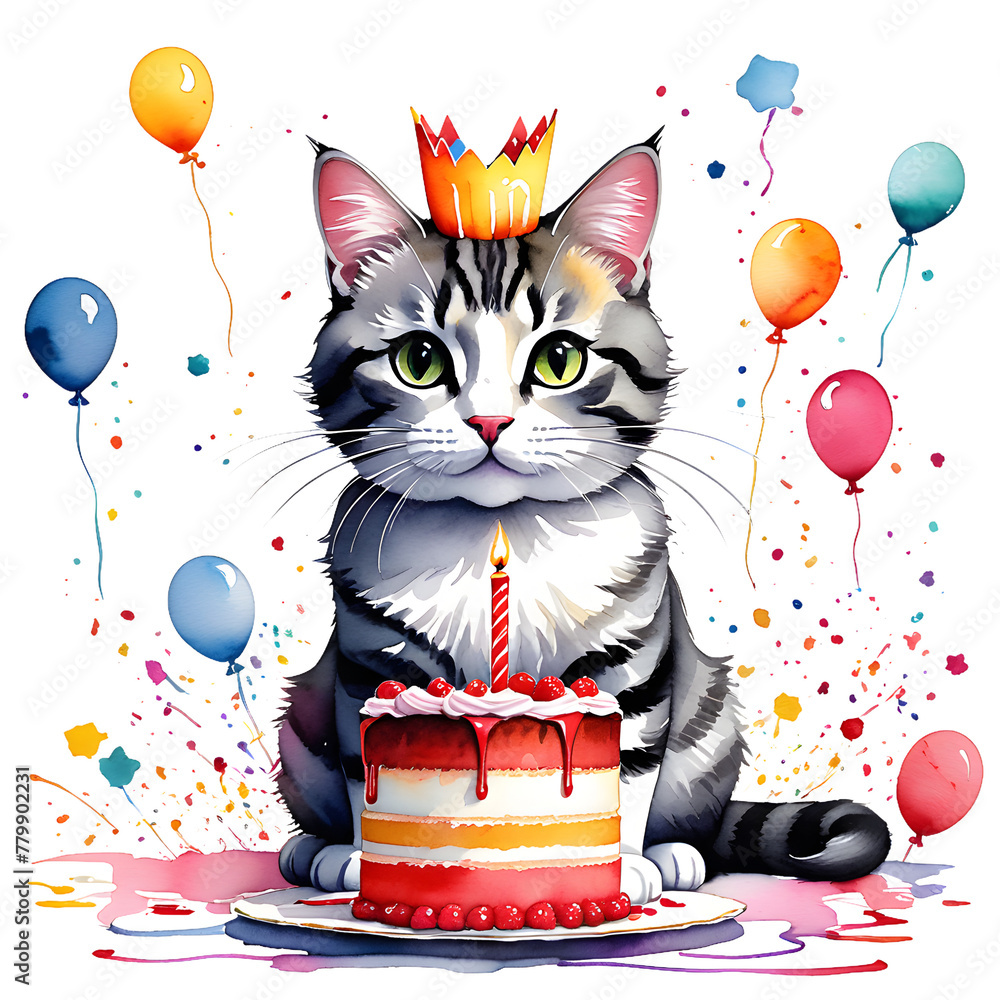 Watercolor Cat Birthday Clipart Graphics Bundle, Cute Kitten Cat ...