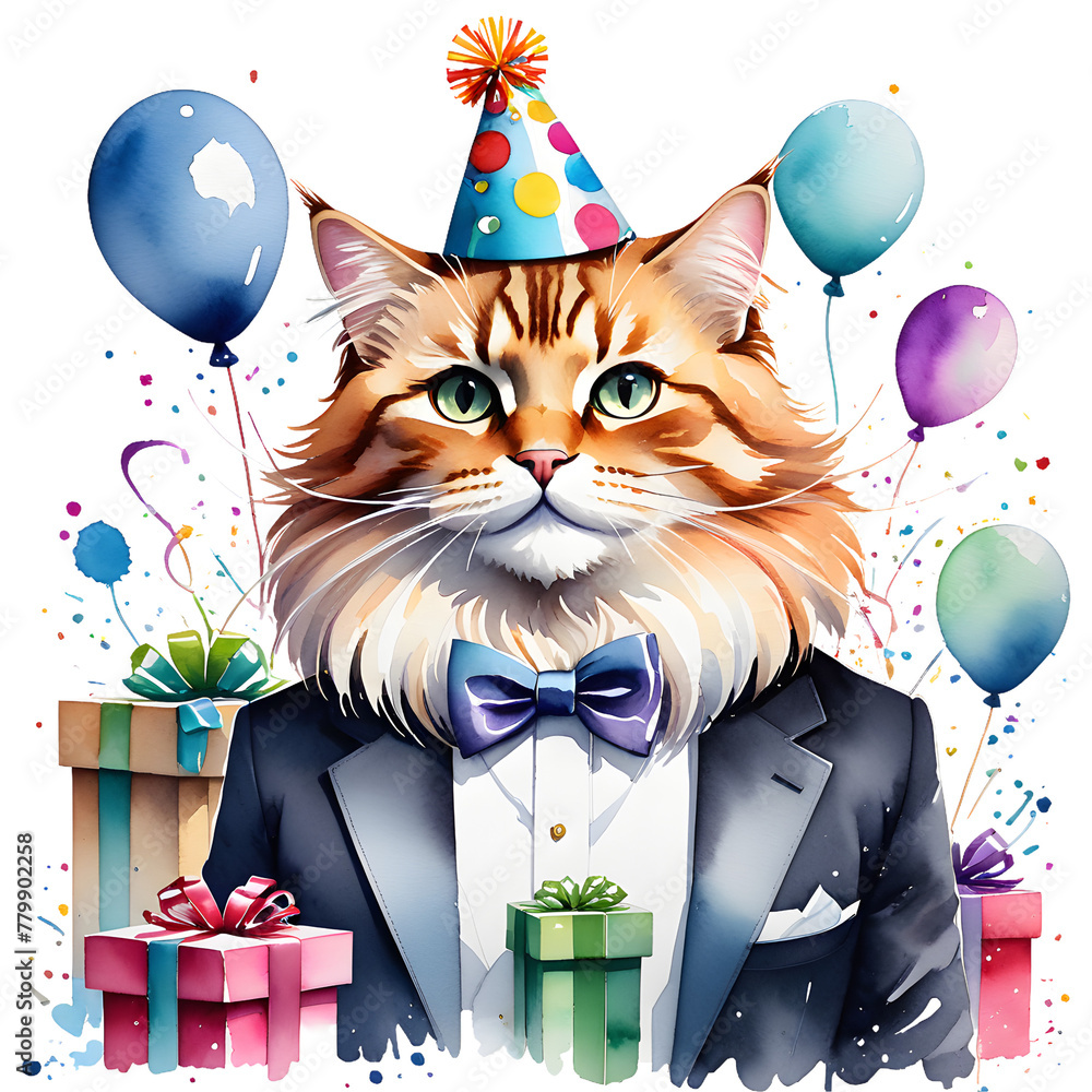 Watercolor Cat Birthday Clipart Graphics Bundle, Cute Kitten Cat ...