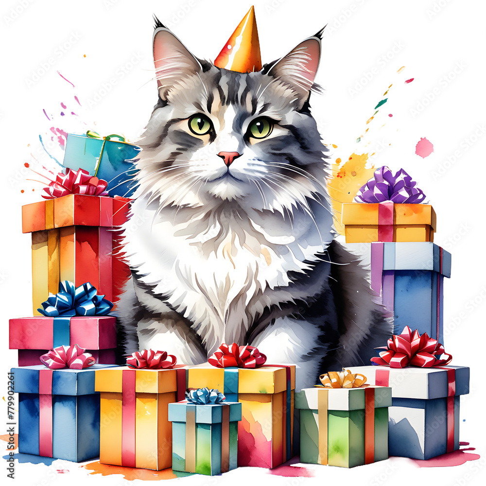 Watercolor Cat Birthday Clipart Graphics Bundle, Cute Kitten Cat ...