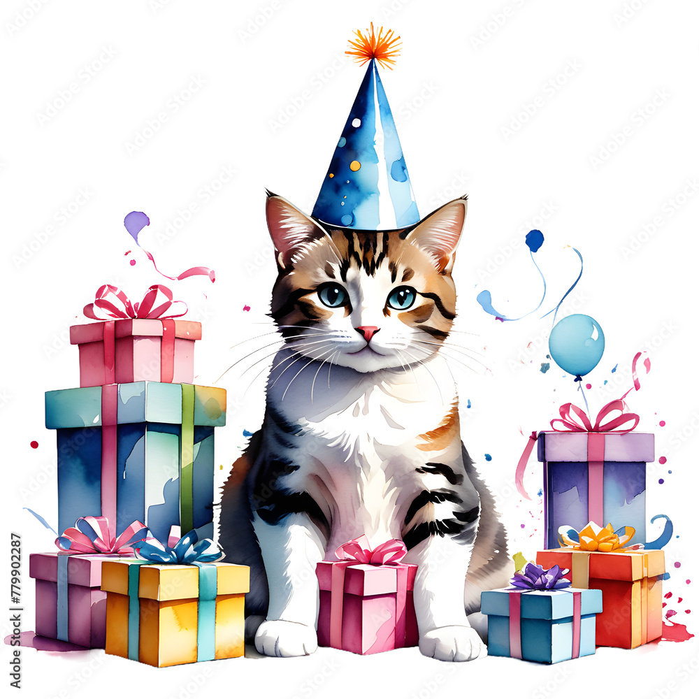 Watercolor Cat Birthday Clipart Graphics Bundle, Cute Kitten Cat ...