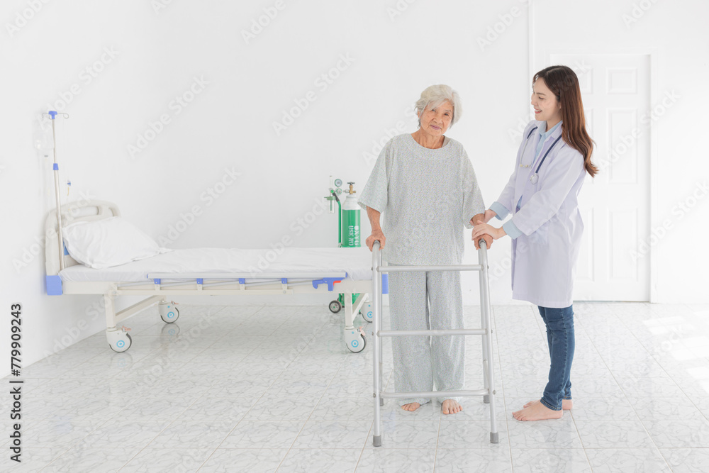 walk training and rehabilitation process, old asian stroke patient ...