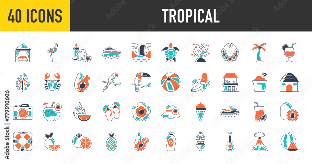 Tropical vacation icons set. Such as seasonal elements, flamingos, ice ...
