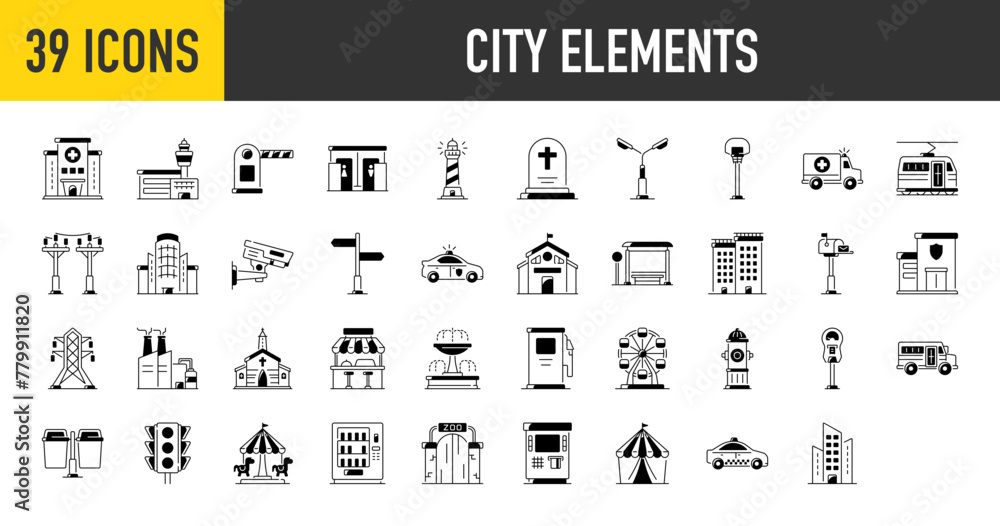 City elements icons set. Such as bus stop, electric pol, mailbox ...