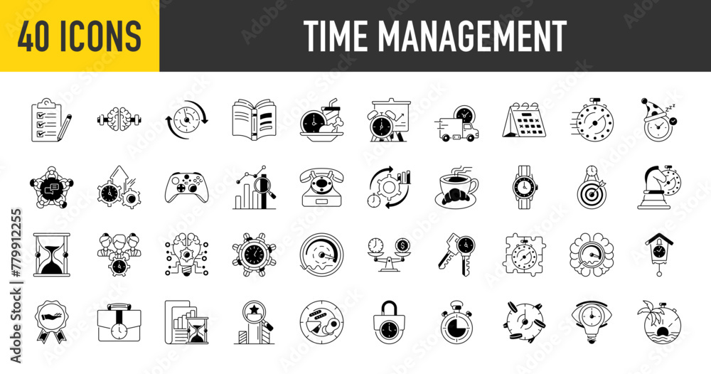 Time Management icon set. Such as calendar, watch, overtime, planning ...