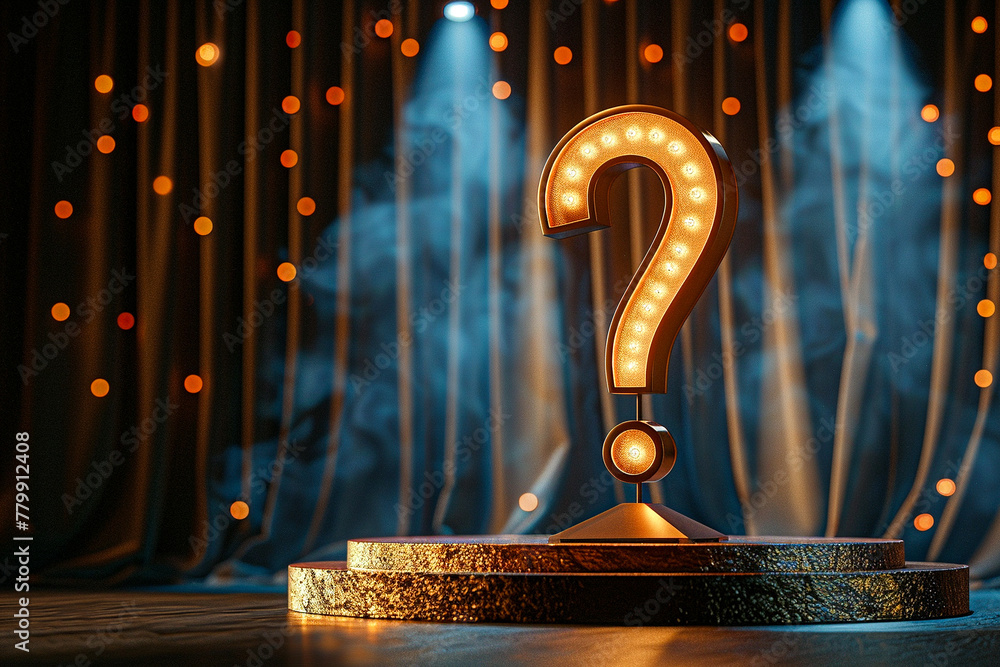 An empty stage with a single spotlight illuminating a question mark ...