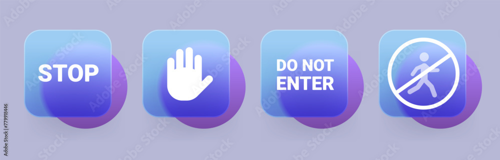 Set of glassmorphism prohibition stop sign. Blue no enter vector icons ...