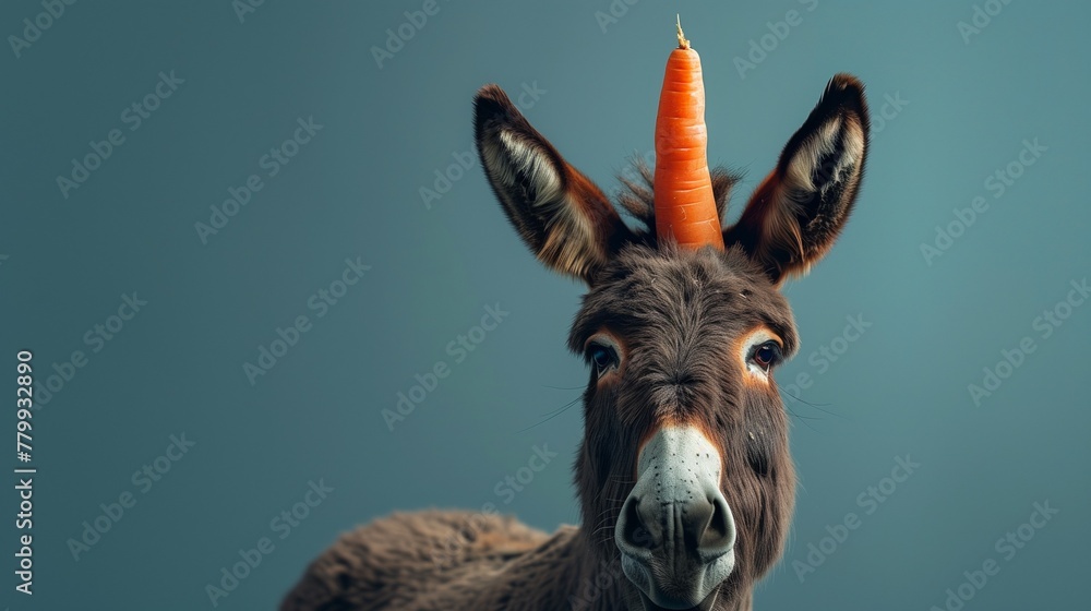 Portrait of a donkey with a carrot on its head looks like a horn. Blue ...