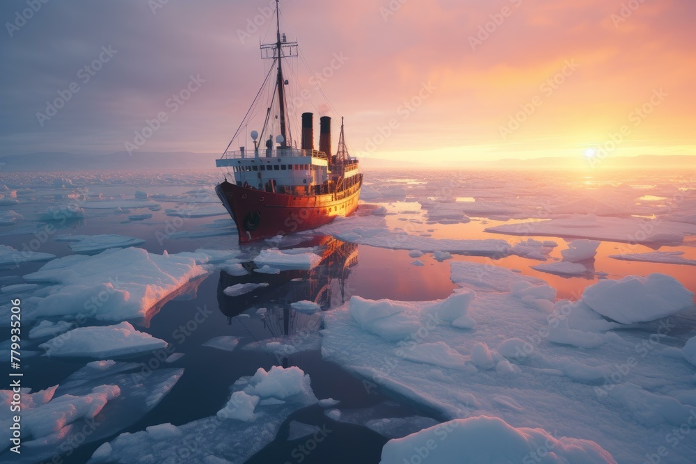 Frosty Ship cruising among sea ice. Arctic expedition icebreaker boat ...