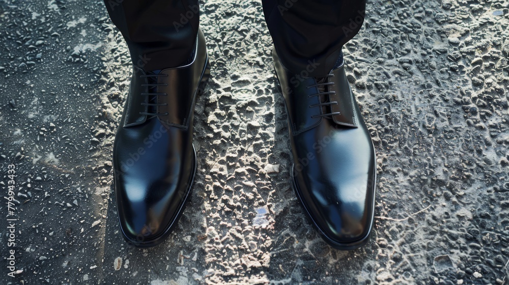 Close-up photo-realistic shot of business shoes worn by a businessman ...