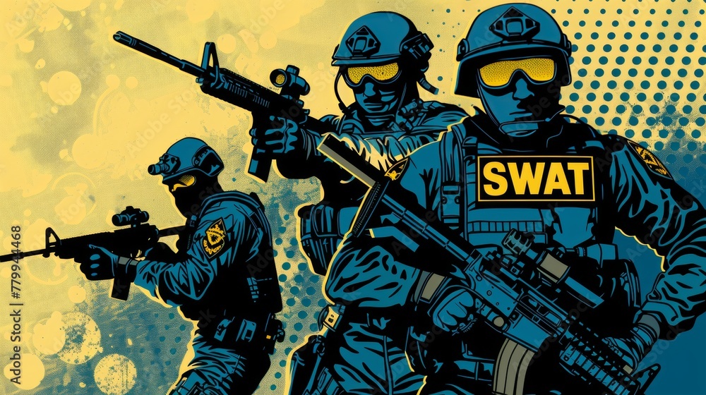 Vector illustration of special police forces SWAT team. Comic book ...