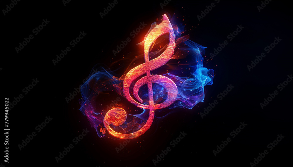 Music key neon colors on black background. Music notes abstract. blue ...