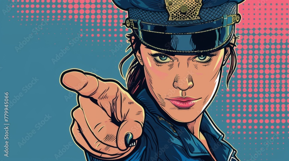 Vector illustration of female police officer with hand gesture. Comic ...