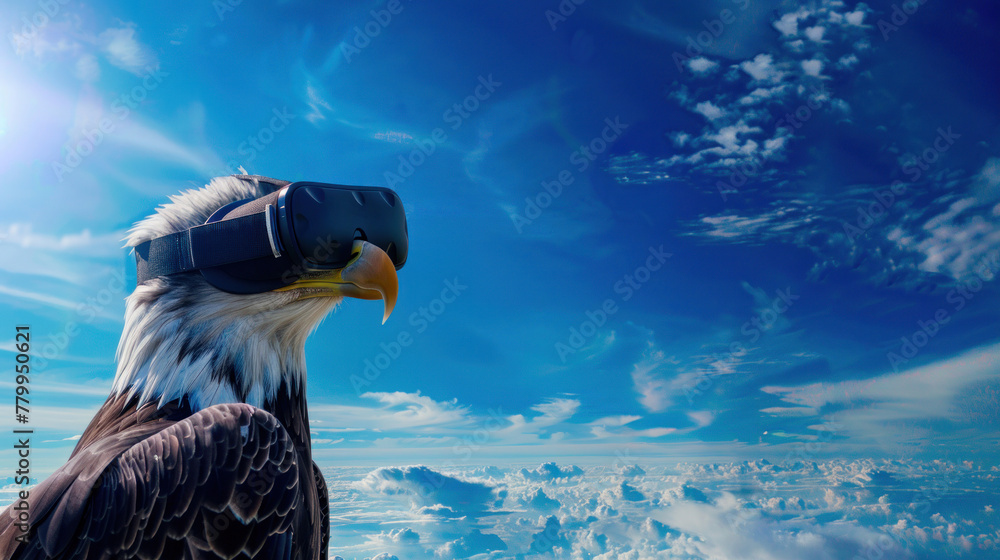 An eagle wearing a virtual reality headset against a backdrop of clouds ...