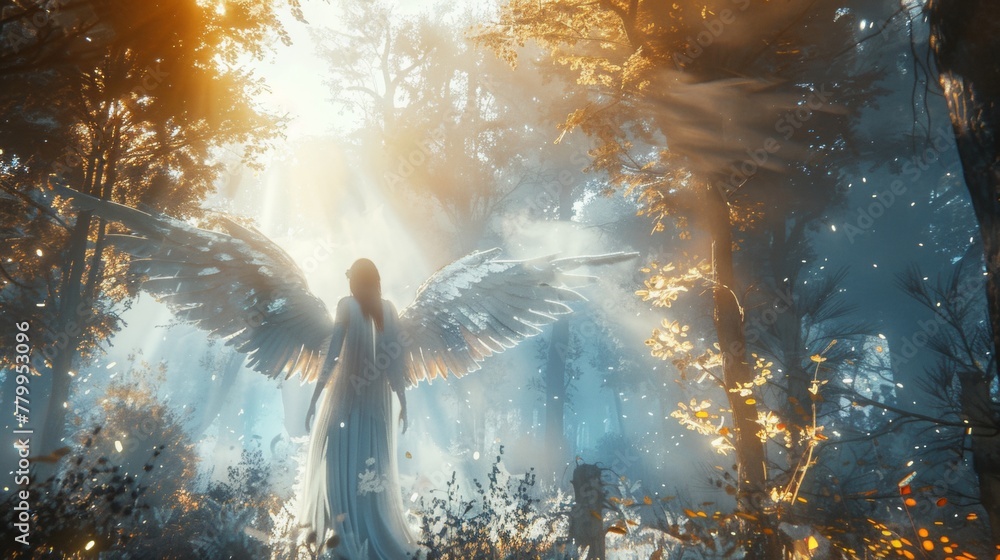 Beautiful angel with wings in misty enchanted forest with sunlight rays ...