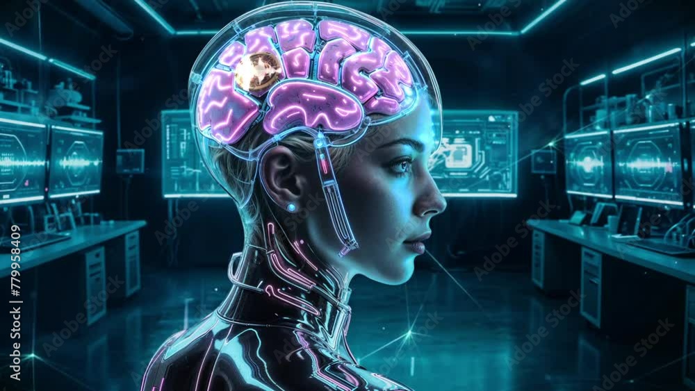 A young woman with a chip implanted in her brain stands in front of ...