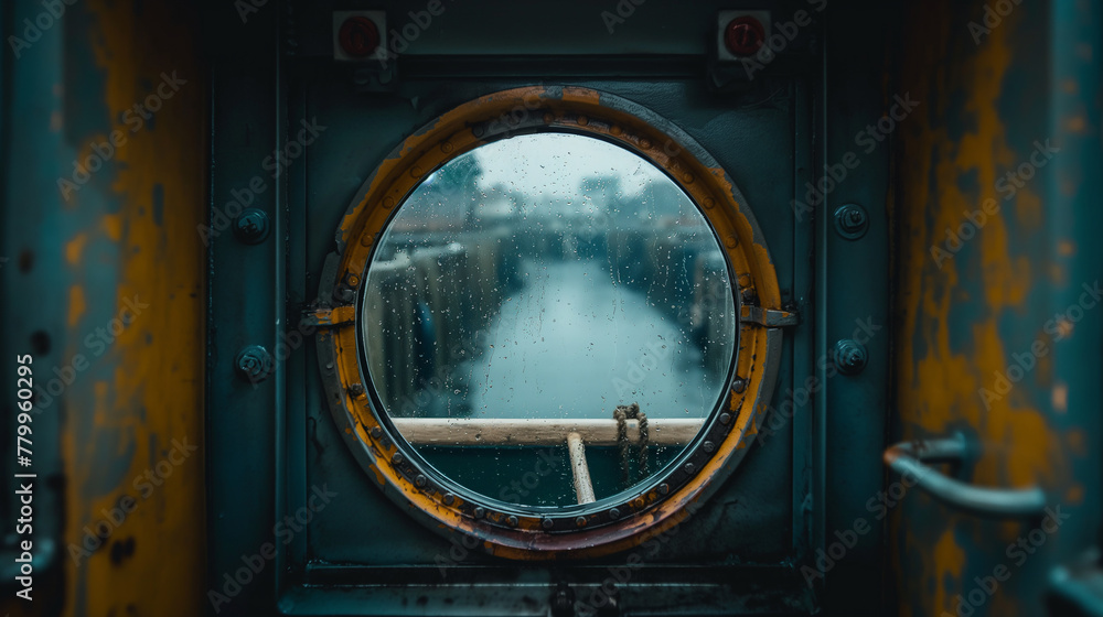 A ships porthole with a view of the raincovered harbor outside Stock ...