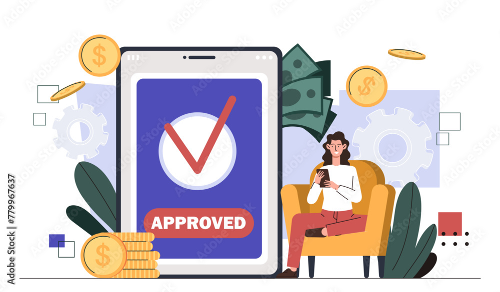 Woman with transaction concept. Girl sitting near golden coins. Digital ...