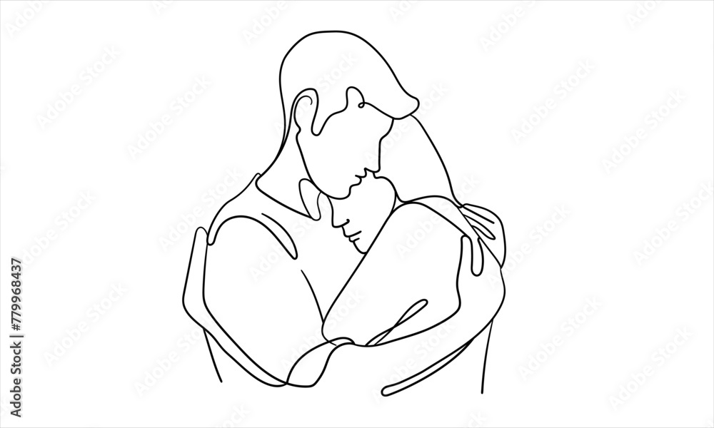 Boy and girl hugs continuous line art drawing isolated on white ...