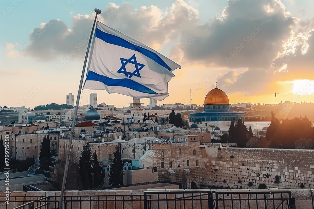 Israeli Flag Overlooking Jerusalem Cityscape. The Israeli flag proudly ...